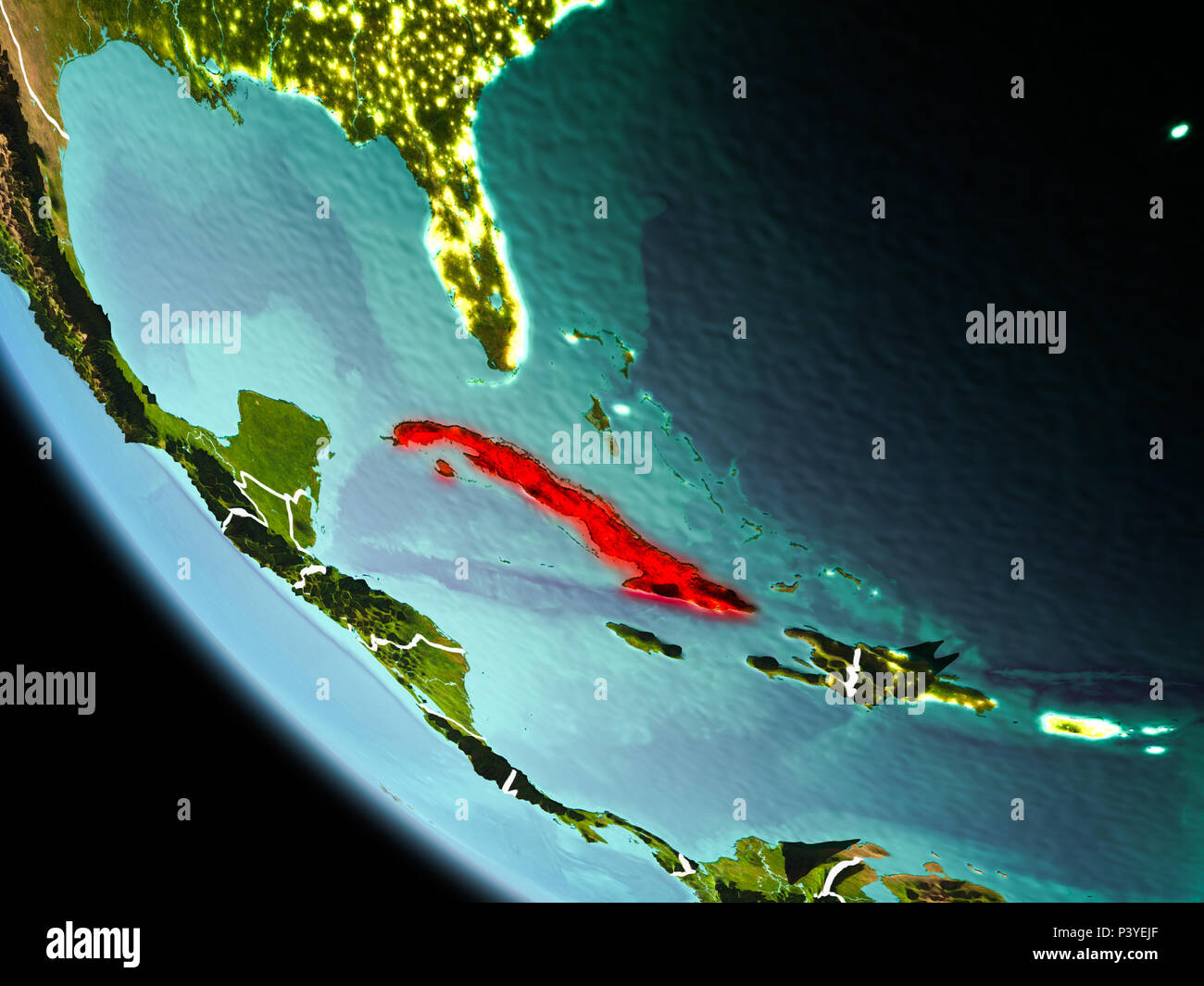 Cuba from orbit of planet Earth at night with highly detailed surface ...