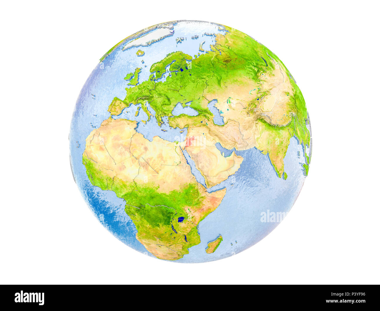 Jordan highlighted in red on model of Earth. 3D illustration isolated ...
