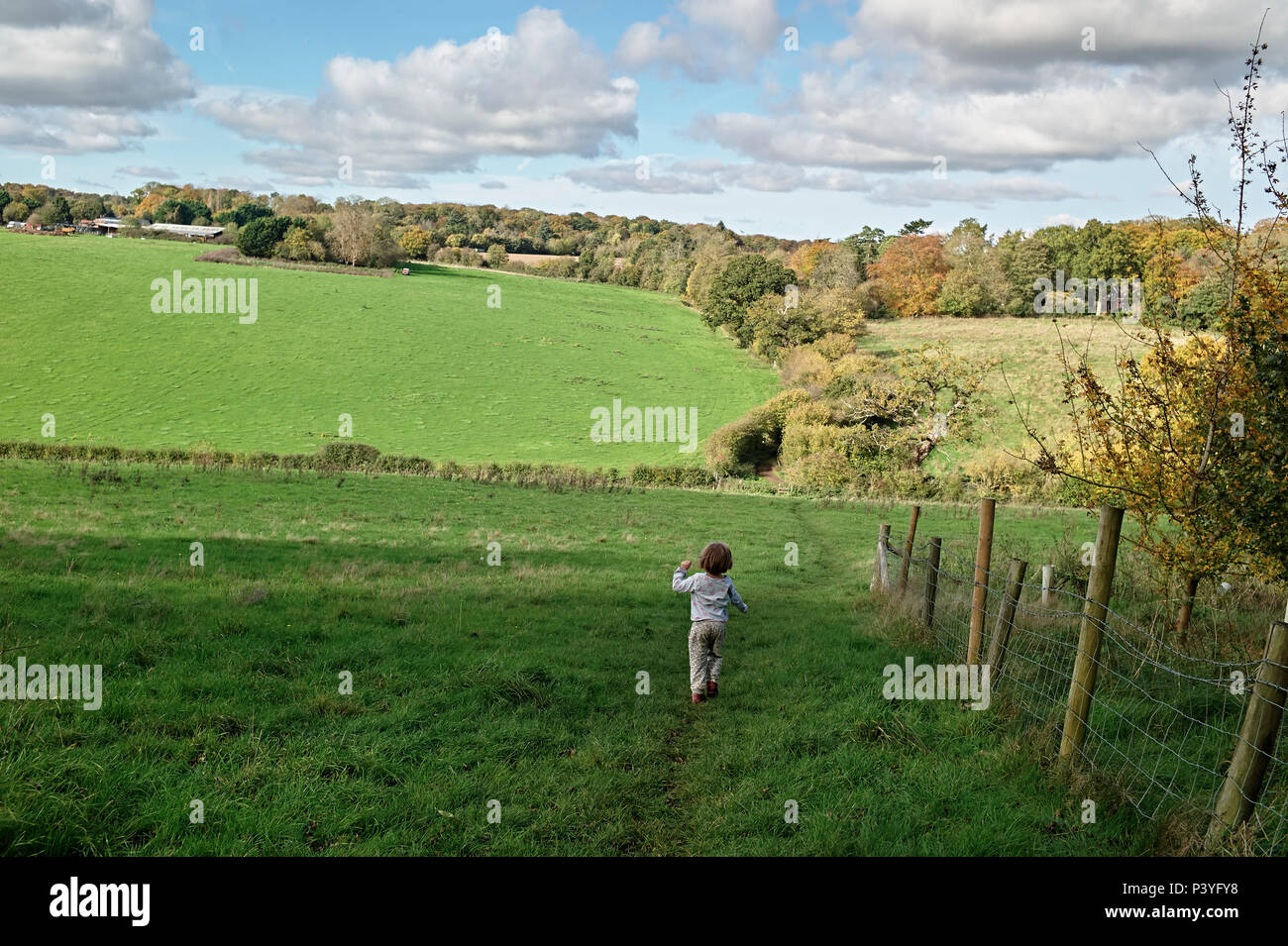 Reading, Berkshire, Chiltern hills. Young child playing in English ...