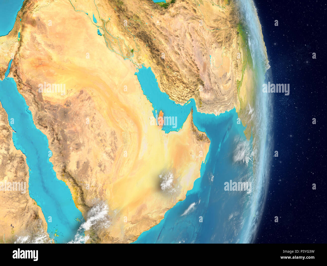 Space view of Qatar highlighted in red on planet Earth with atmosphere ...