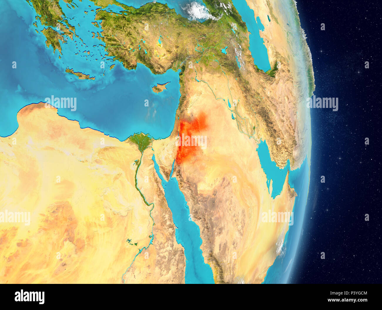Space view of Jordan highlighted in red on planet Earth with atmosphere ...