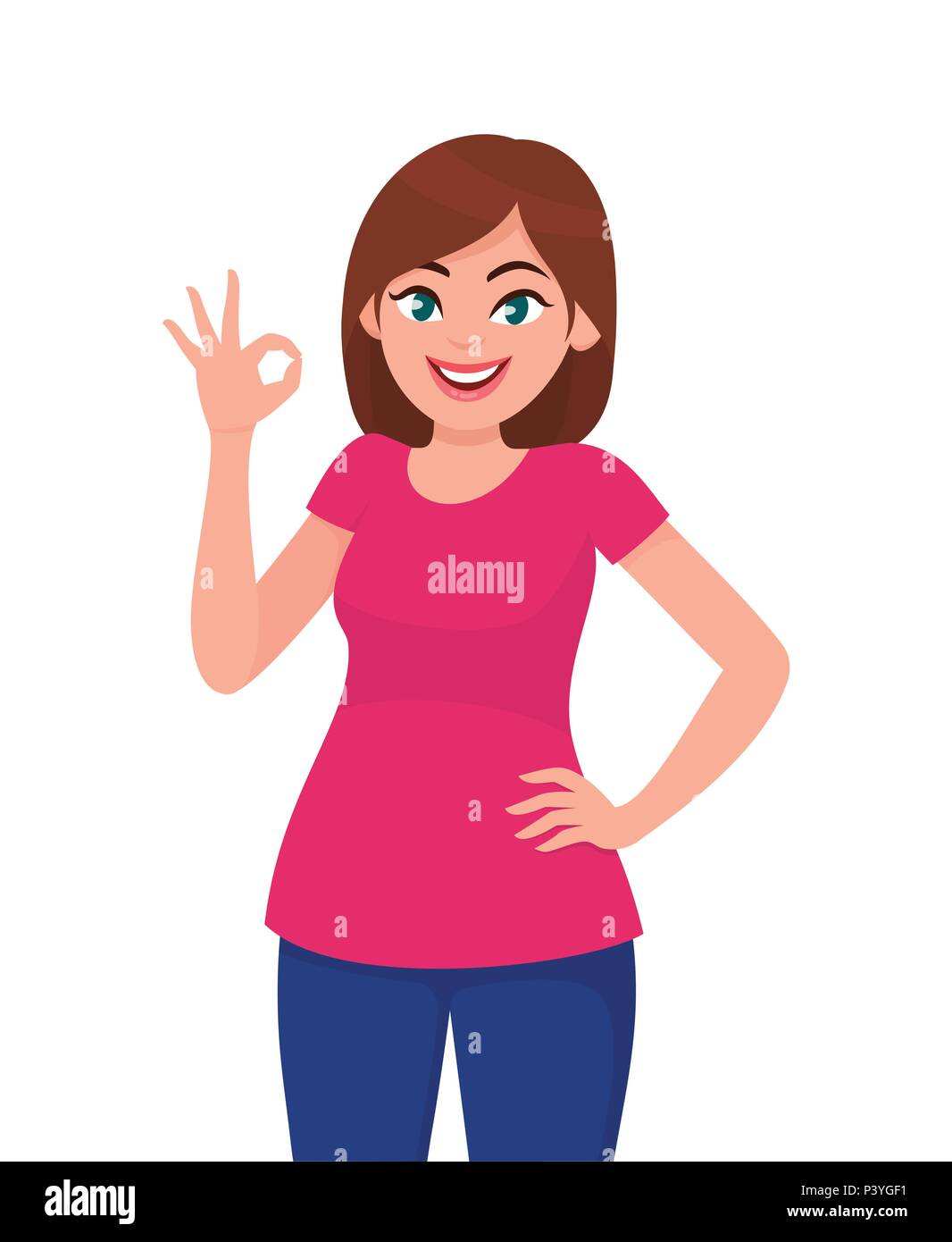 Happy young woman showing OK sign/gesture with fingers. Vector ...