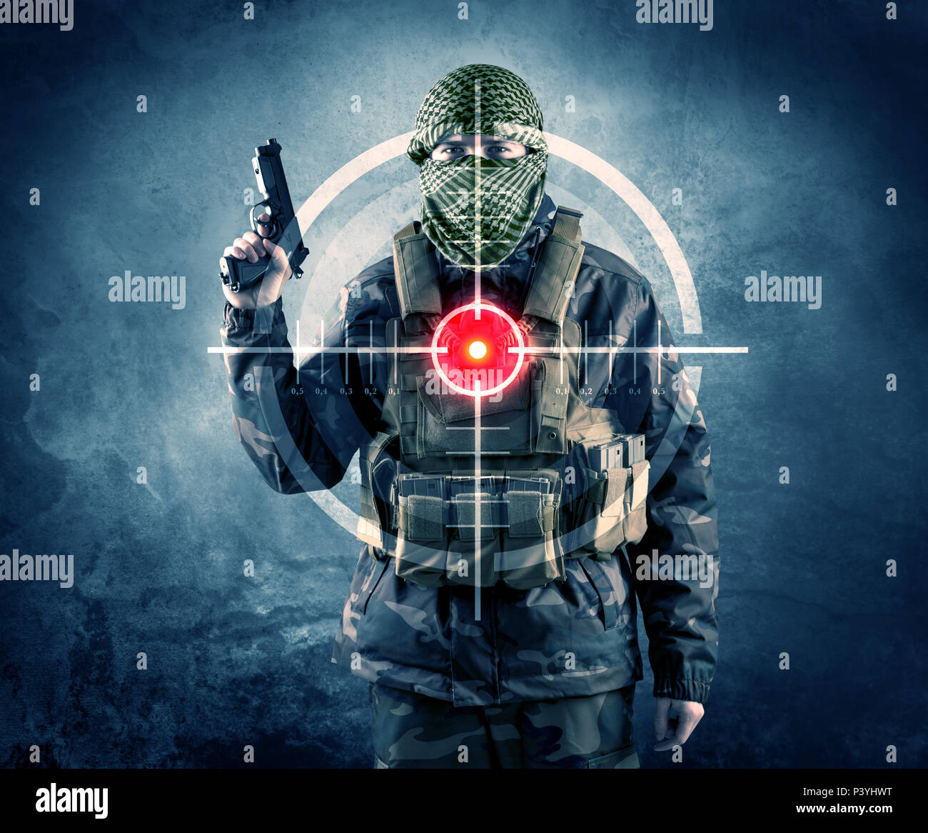 Masked terrorist man with gun and laser target on his body concept ...