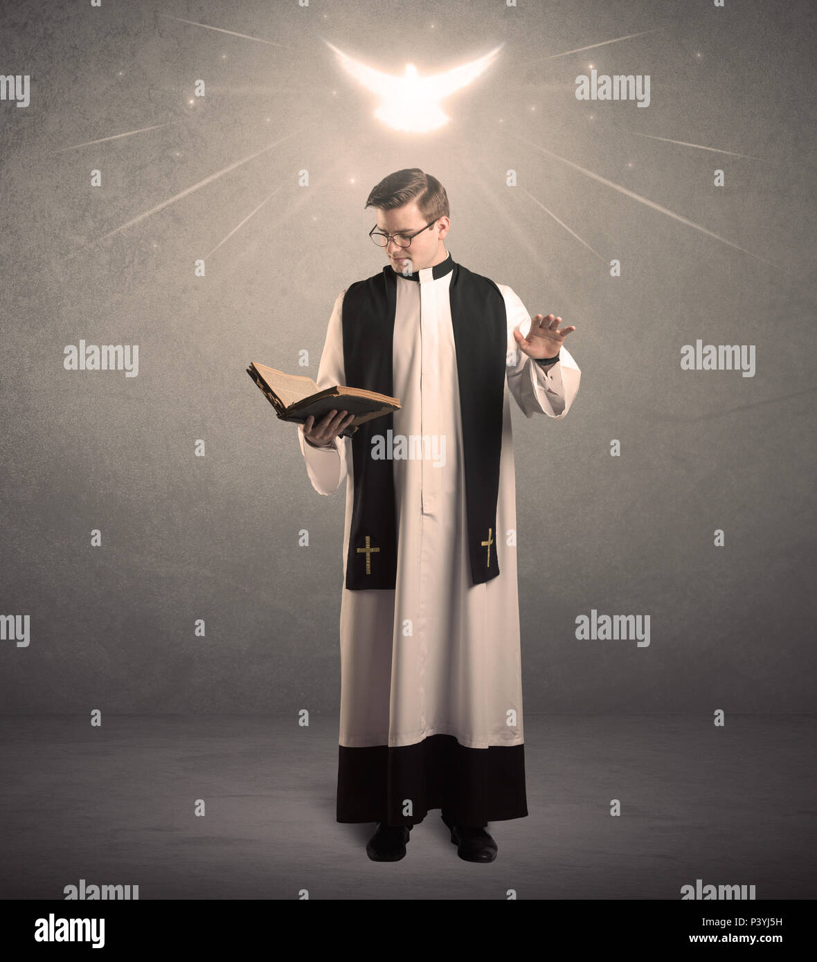 A holy priest reading a prayer from the holy bible with illustrated ...