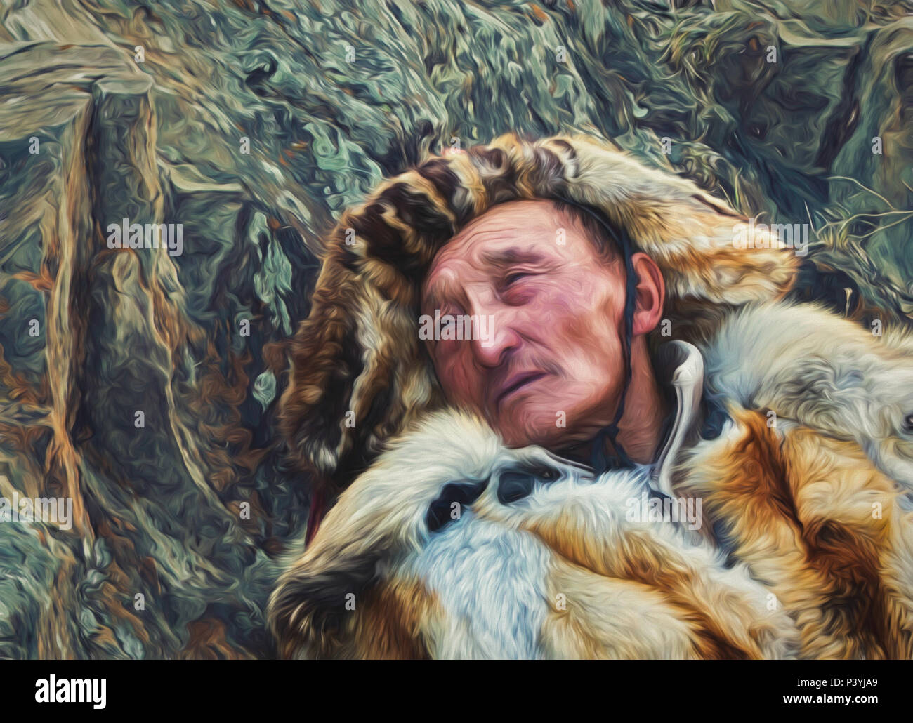 Mongolia golden eagle hunter old tired resting Stock Photo - Alamy