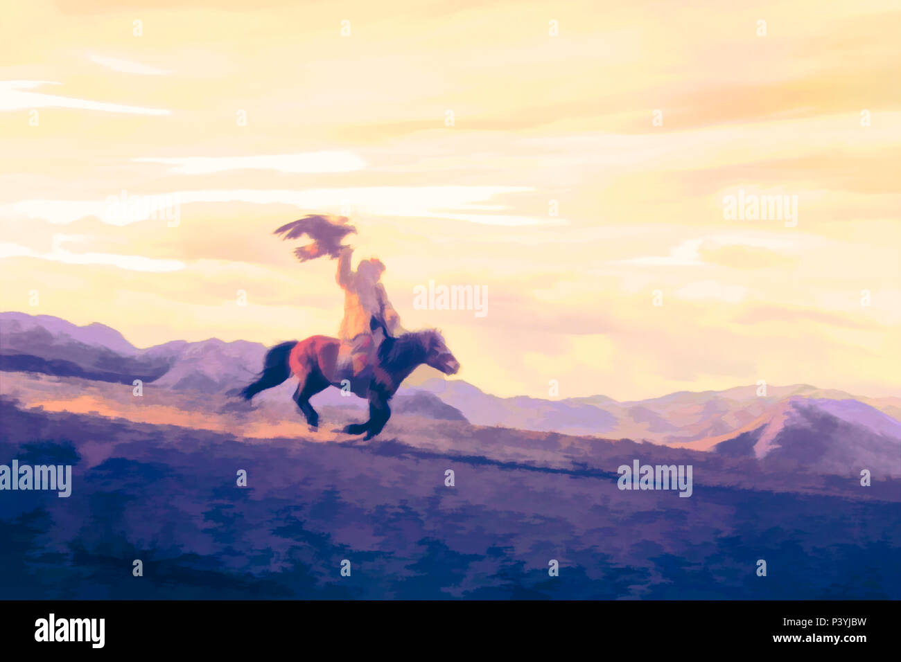 Mongolia golden eagle hunter riding horse fast running flyiing Stock ...