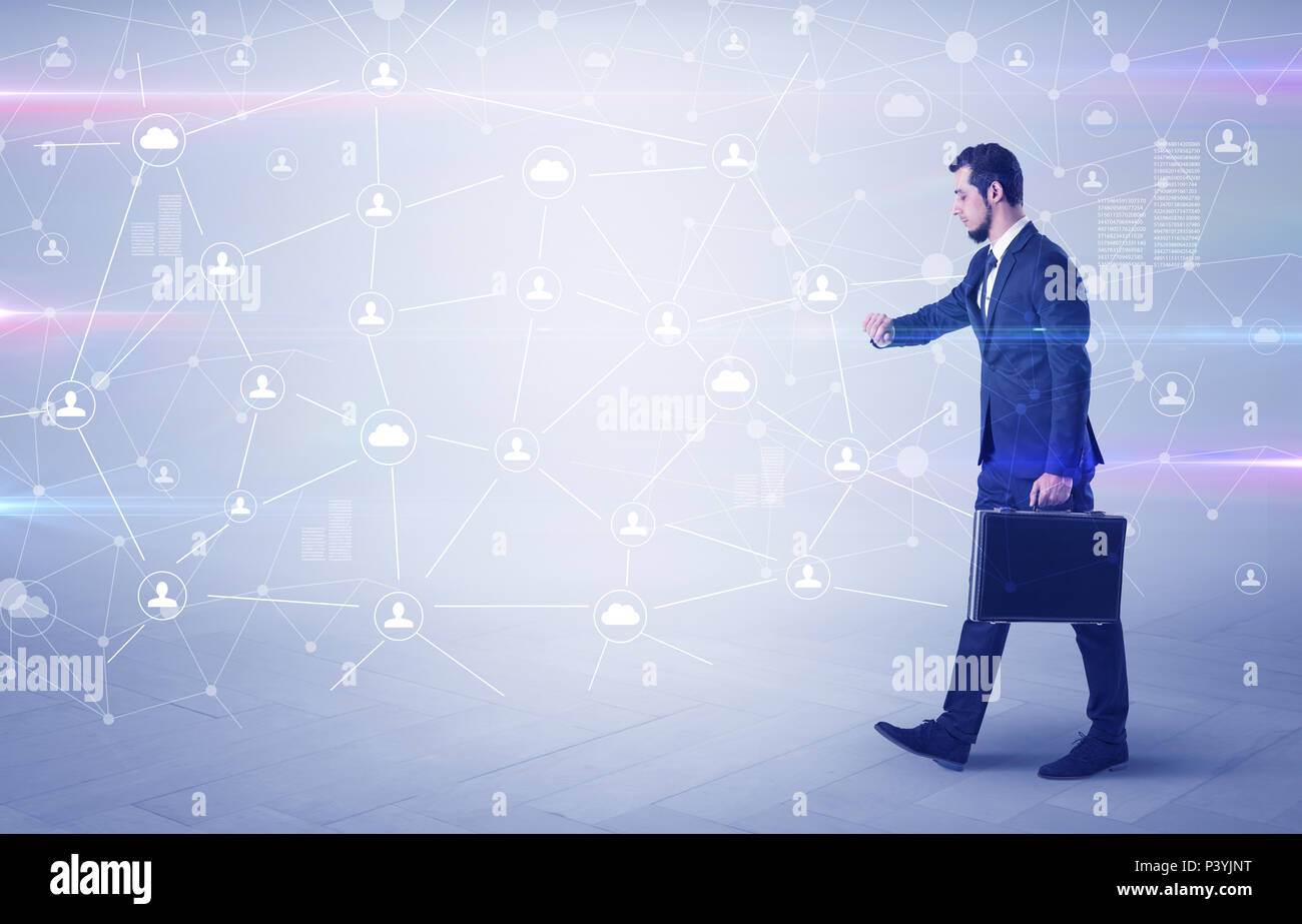 Linking people concept with lonely elegant businessman who walking ...