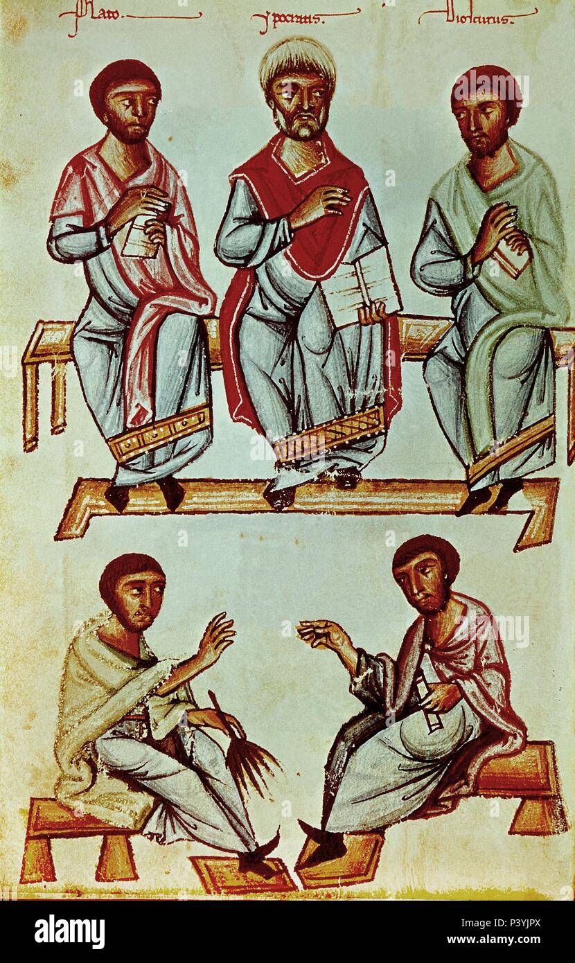 Greek philosopher Plato talking with Greek physician Hippocrates of Cos ...