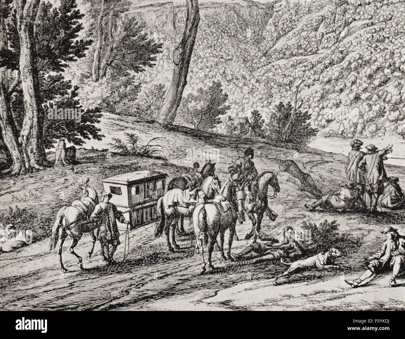 A rest by the roadside, horse litter of the 17th century Stock Photo ...