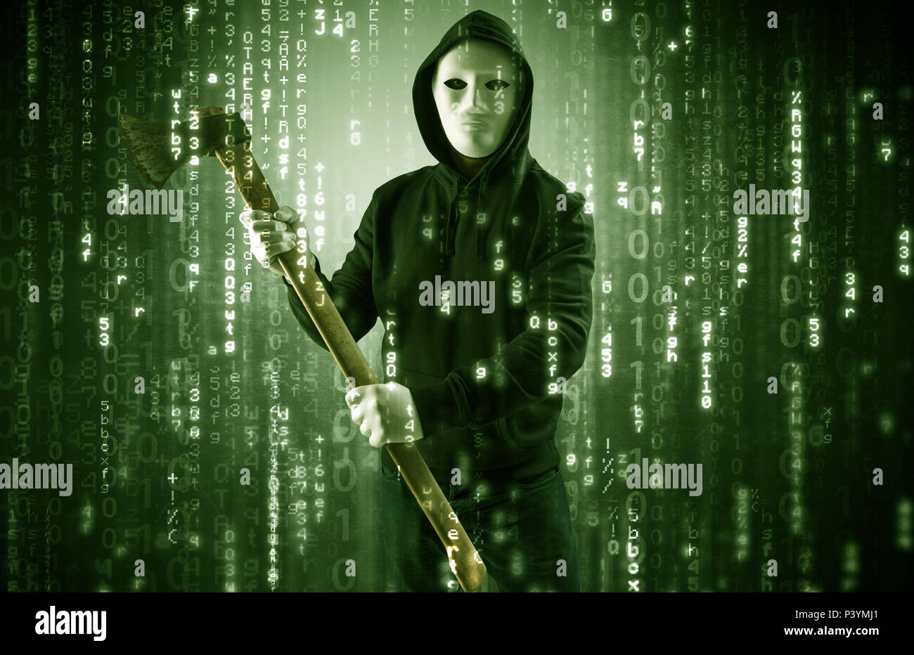 Masked and armed anonymous hacker breaking in cyber security cloud data ...