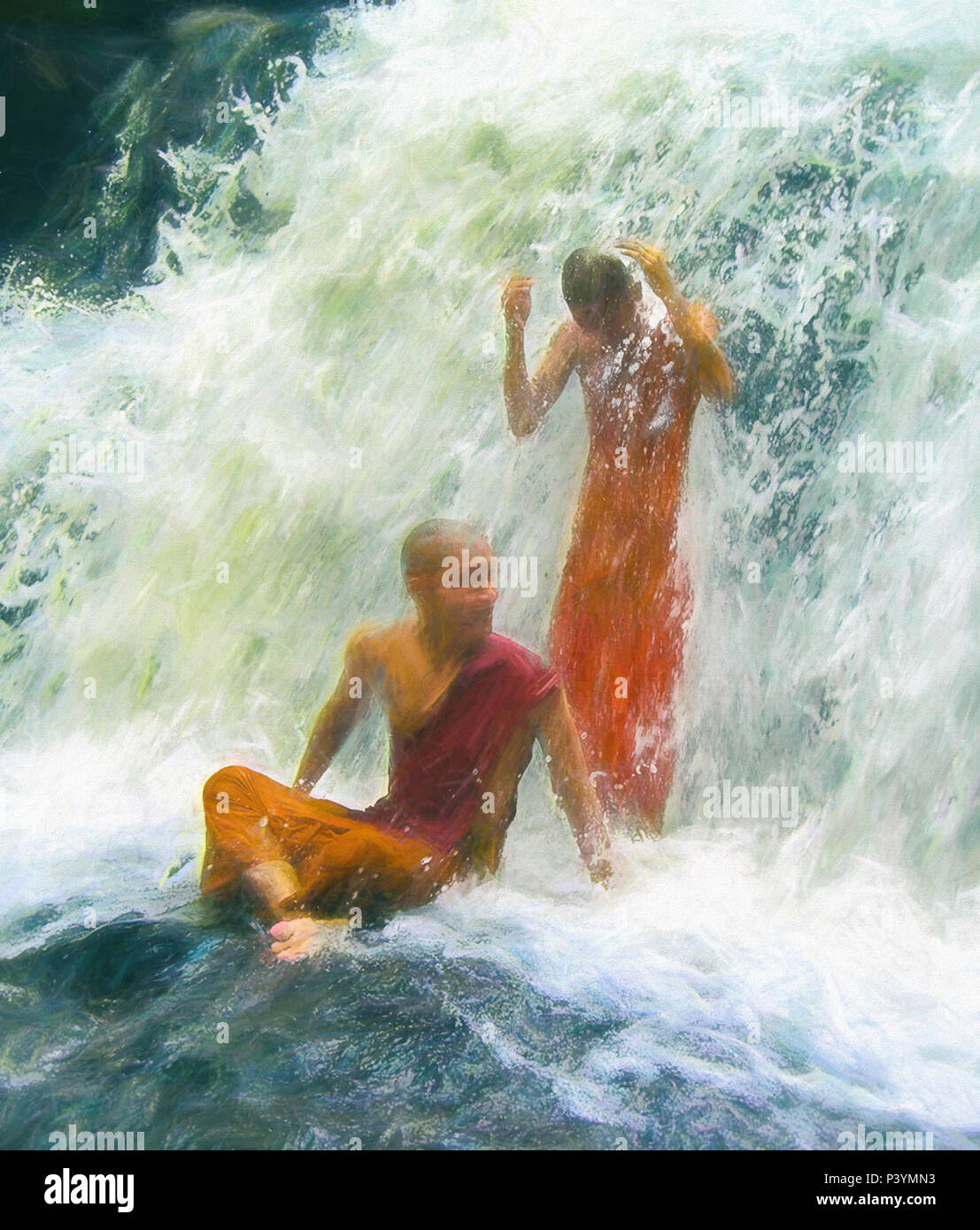 Young Buddhist monks having fun by the waterfall Stock Photo - Alamy