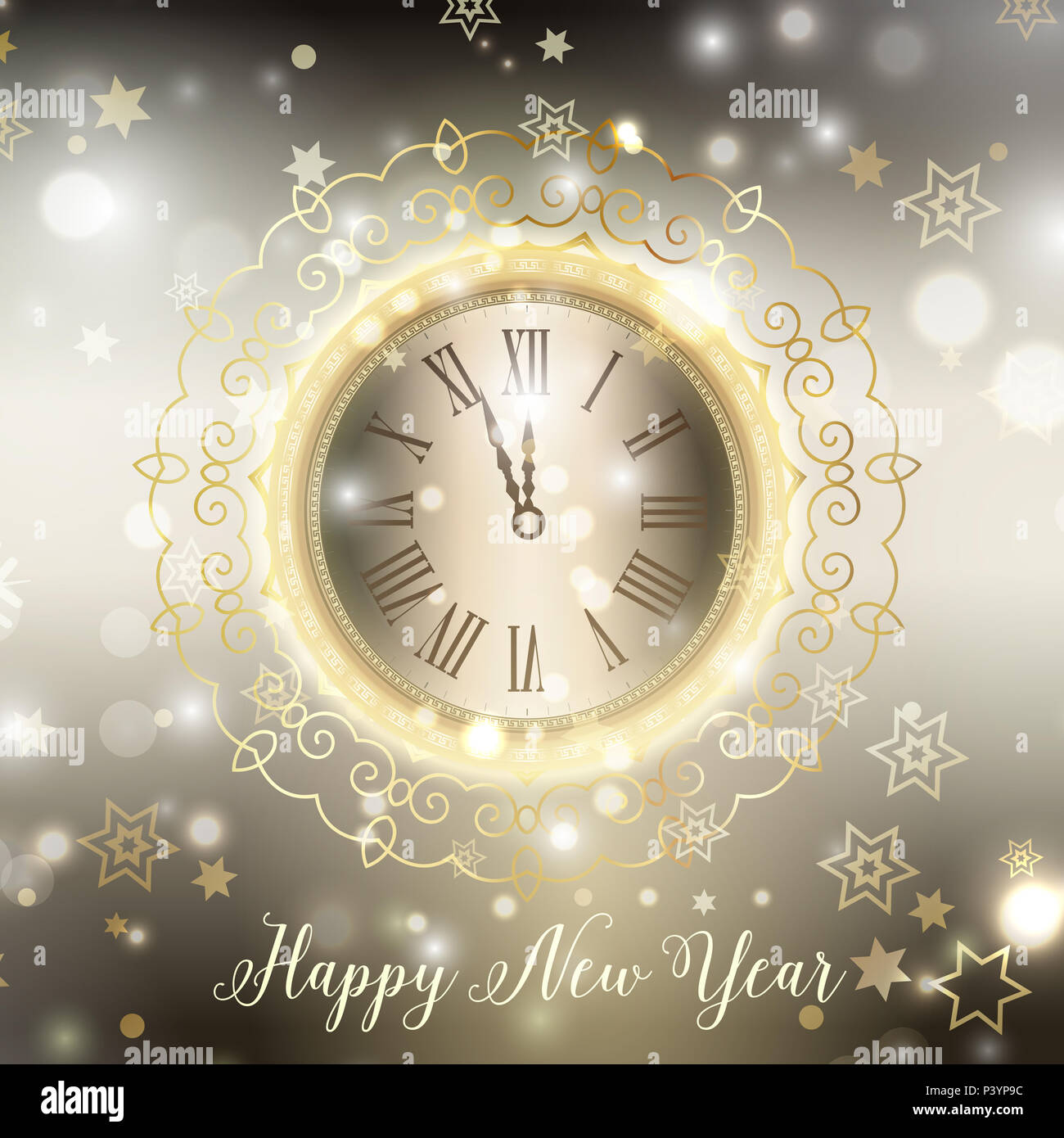 Happy New Year background with decorative clock design Stock Photo - Alamy