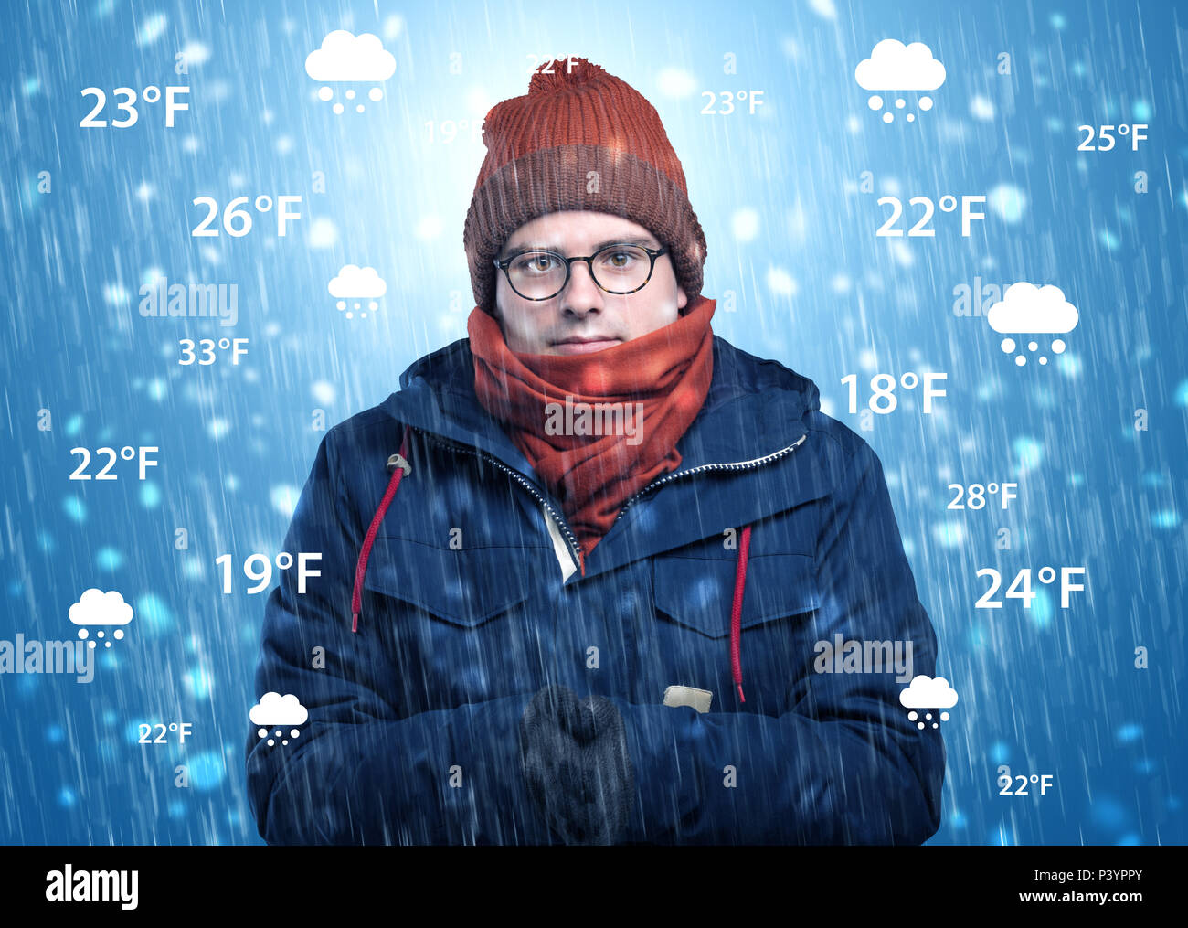 Young man freezing in warm clothing with weather condition and forecast ...
