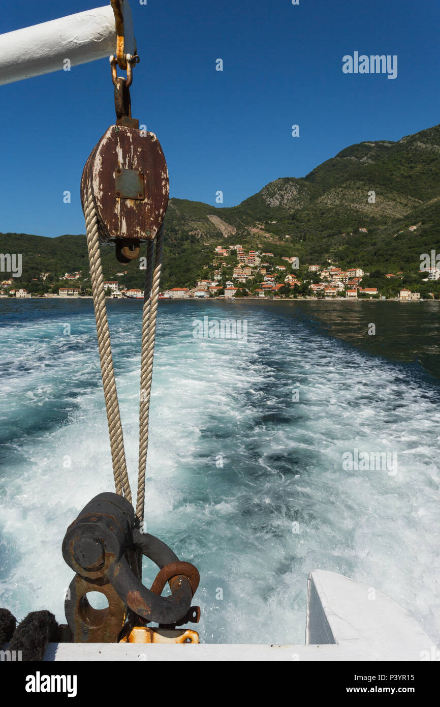 View of Kamenari and rope pulley suspended from steel arm on back of ...