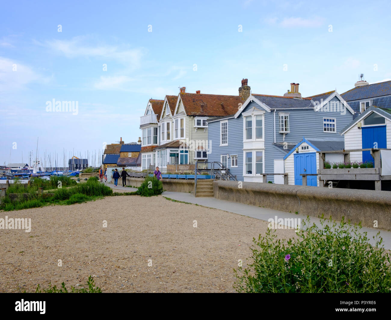 Timber clad seafront properties at Whitstable showing the protective ...