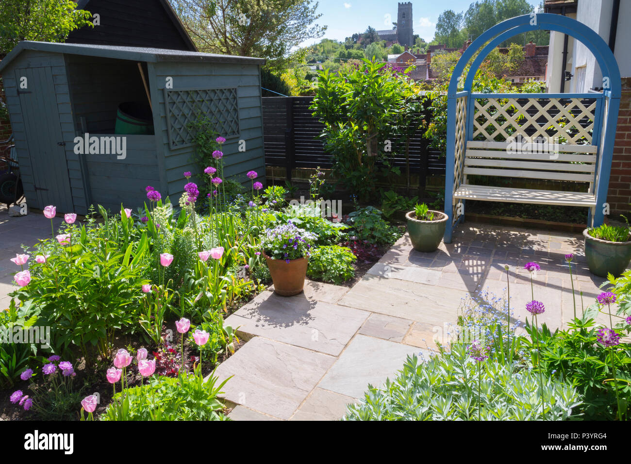 Overview of garden patio with view to St. Mary's Church in Kersey ...