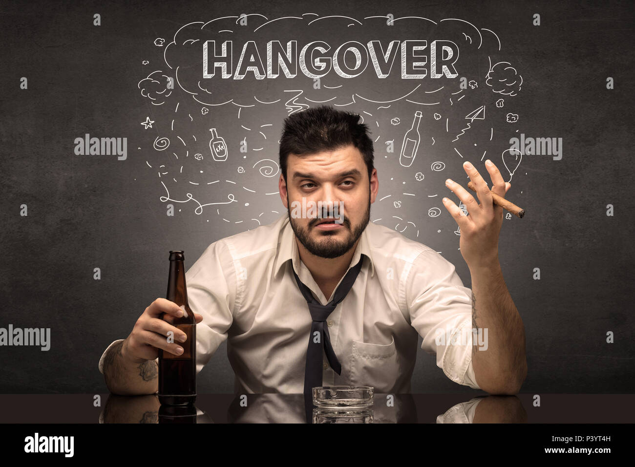 Loser drunk man with drinking, drug, hangover, alcoholic drugs concept ...