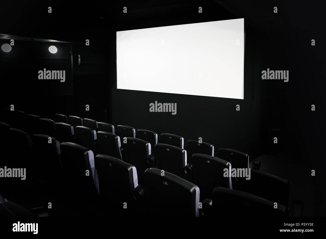 cinema white screen with seats. Empty cinema without people. A large ...