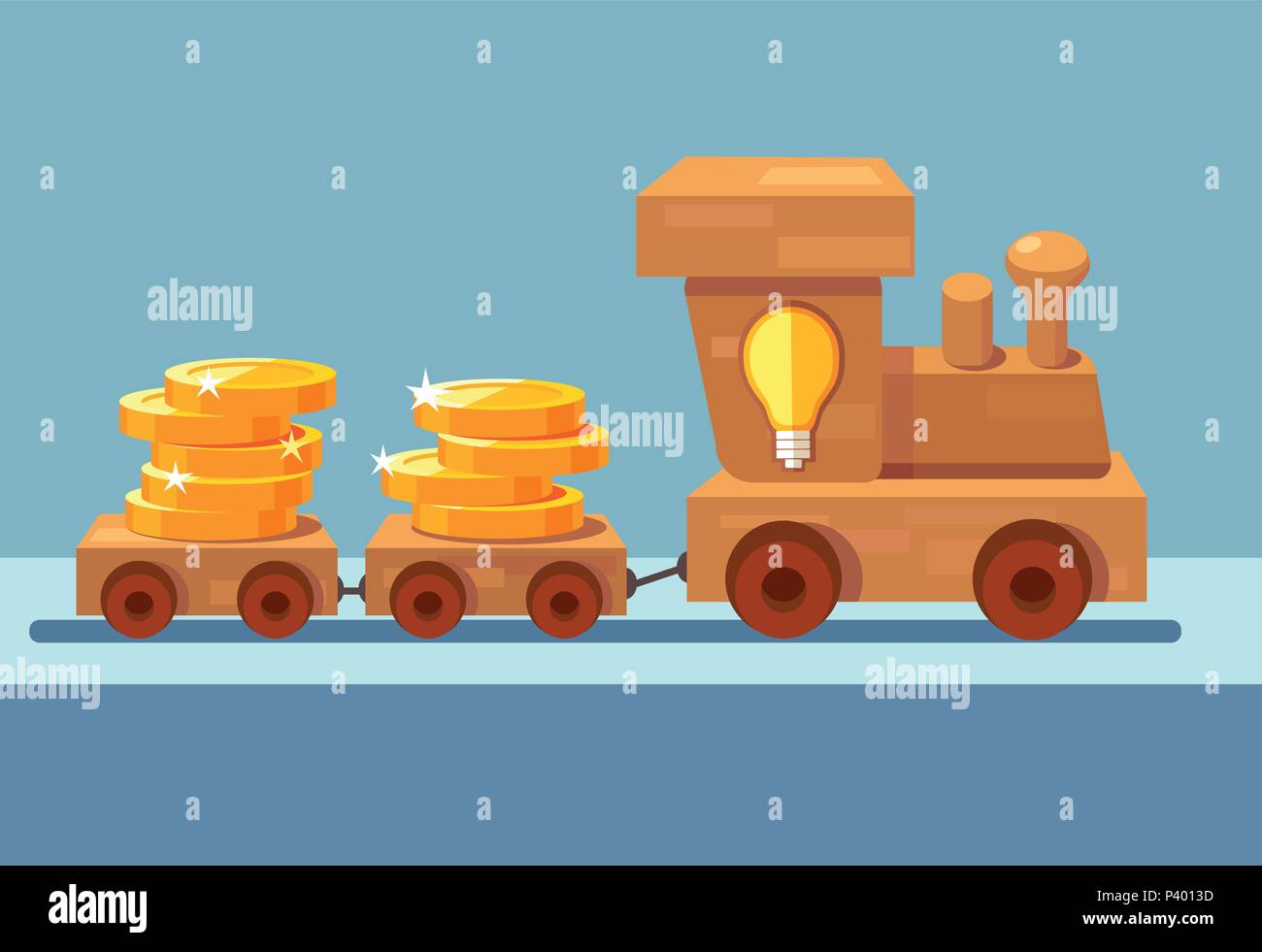 Business idea light bulb train pulling money gold coins Stock Vector ...