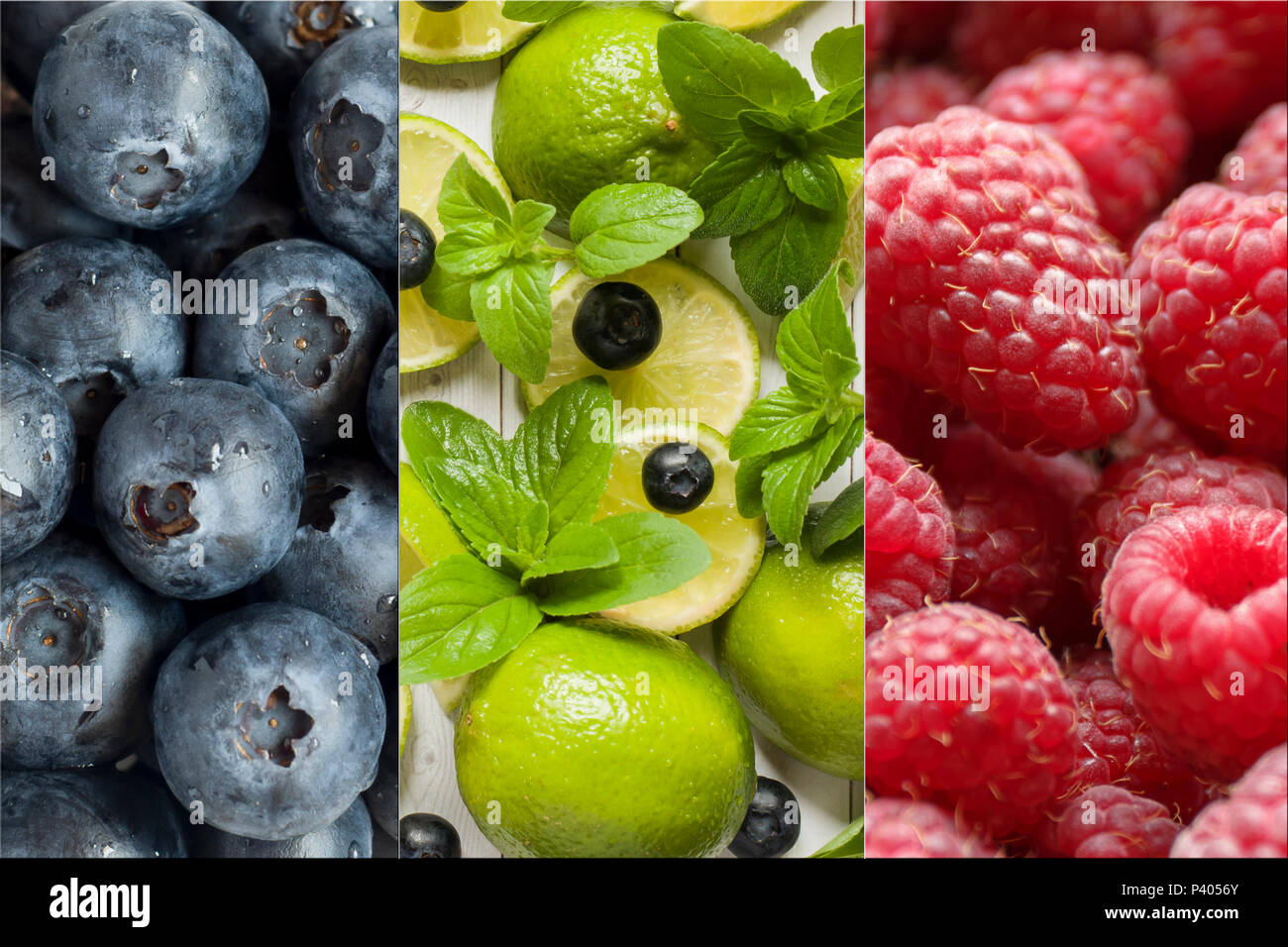 Collage of summer berries blueberries raspberry lime mint Stock Photo ...