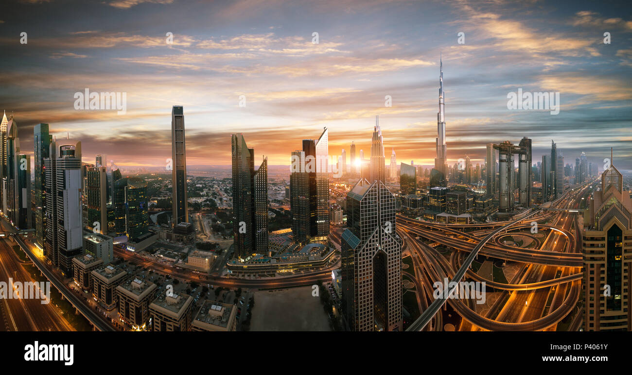 Dubai sunset panoramic view of downtown. Dubai is super modern city of ...