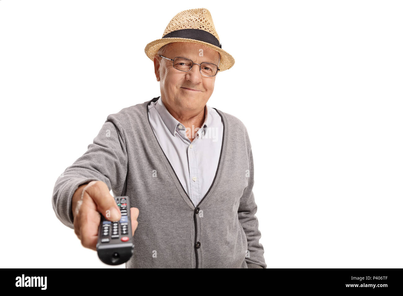 Senior holding a remote control isolated on white background Stock ...