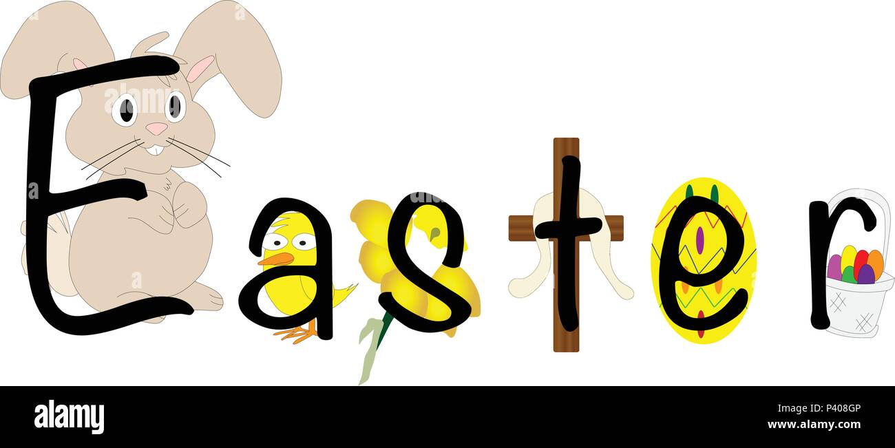 Easter spelled and illustrated with holiday icons bunny, chick ...