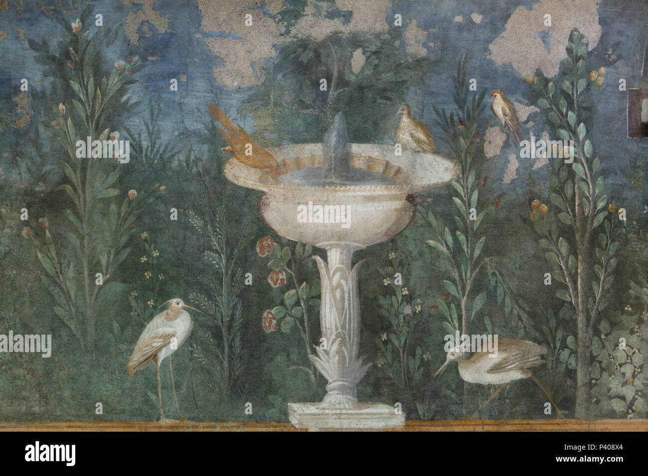 Fountain in the luxuriant garden depicted in the Roman fresco in the ...