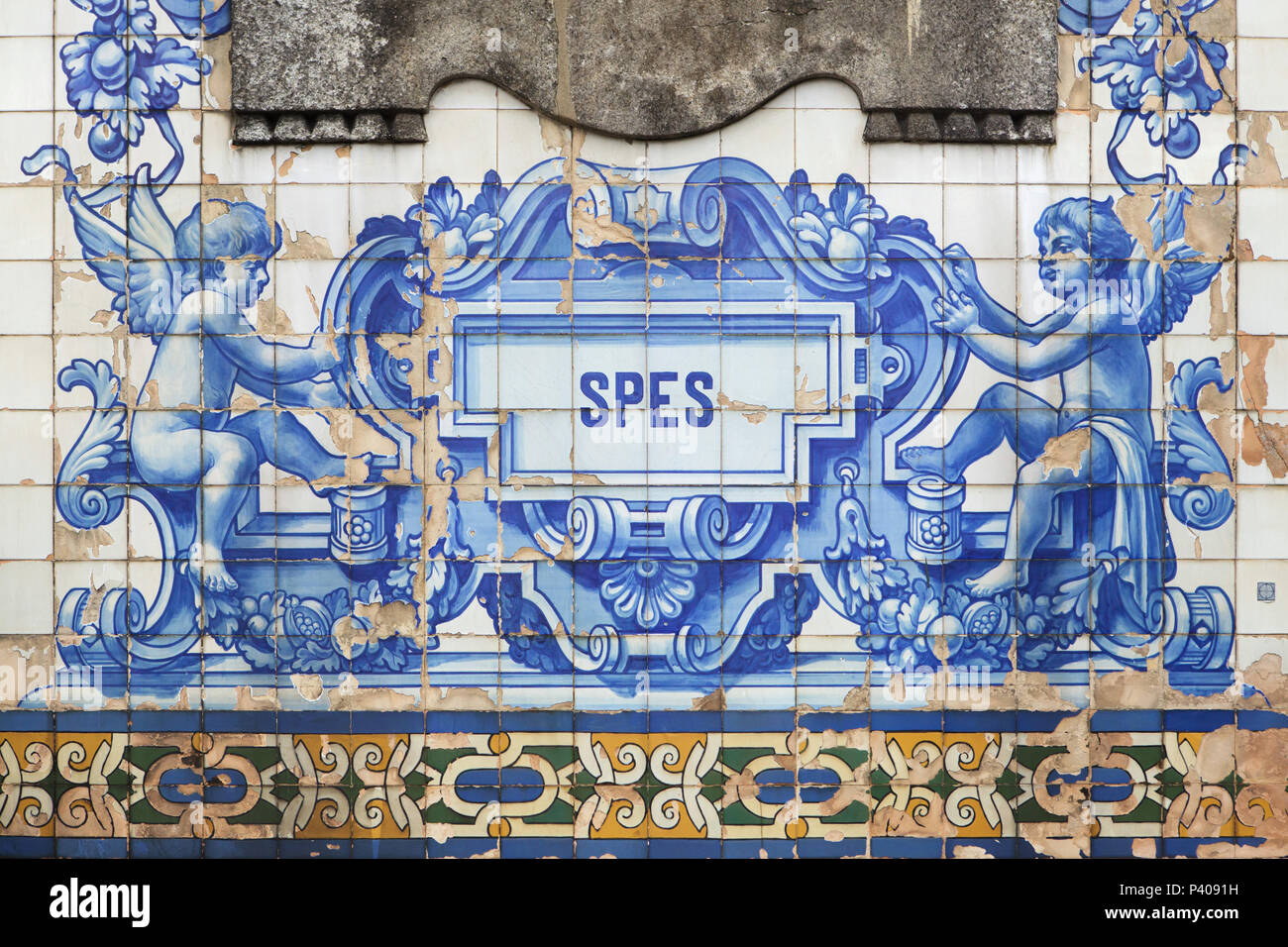 Putti depicted in the azulejo tiles painted by Portuguese painter Jorge ...