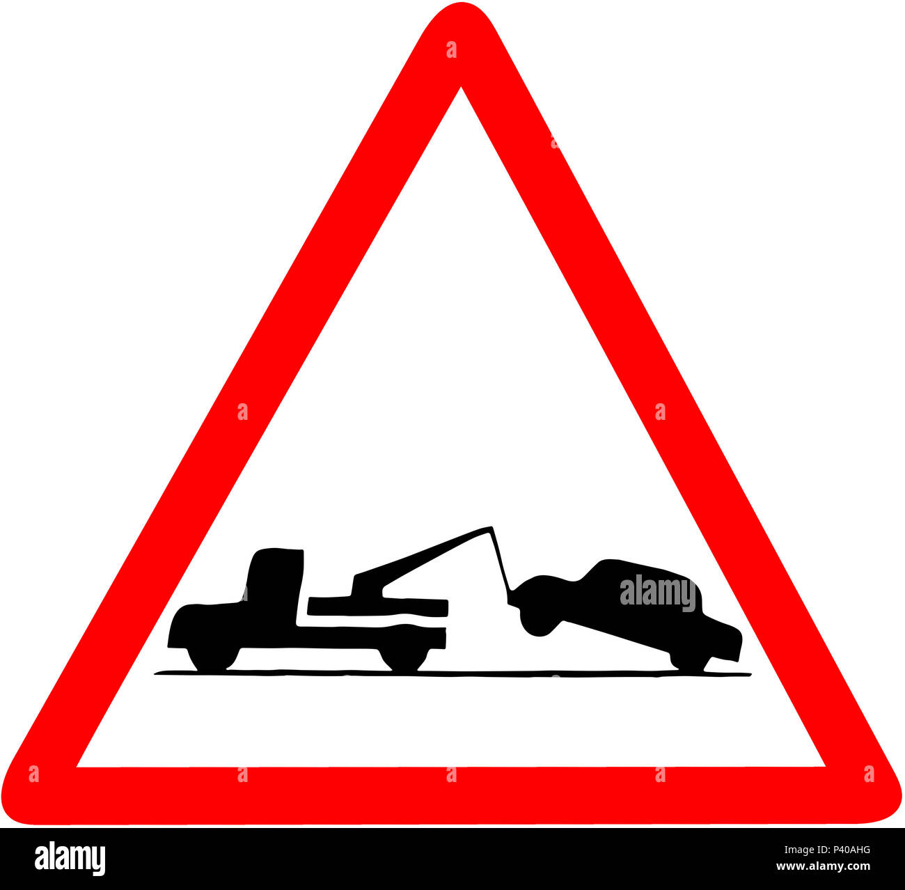 Tow truck pulling car red triangular road sign warning illustration ...