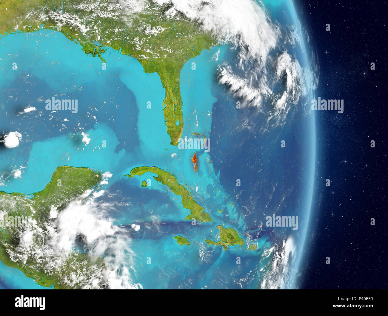 Space view of Bahamas highlighted in red on planet Earth with ...