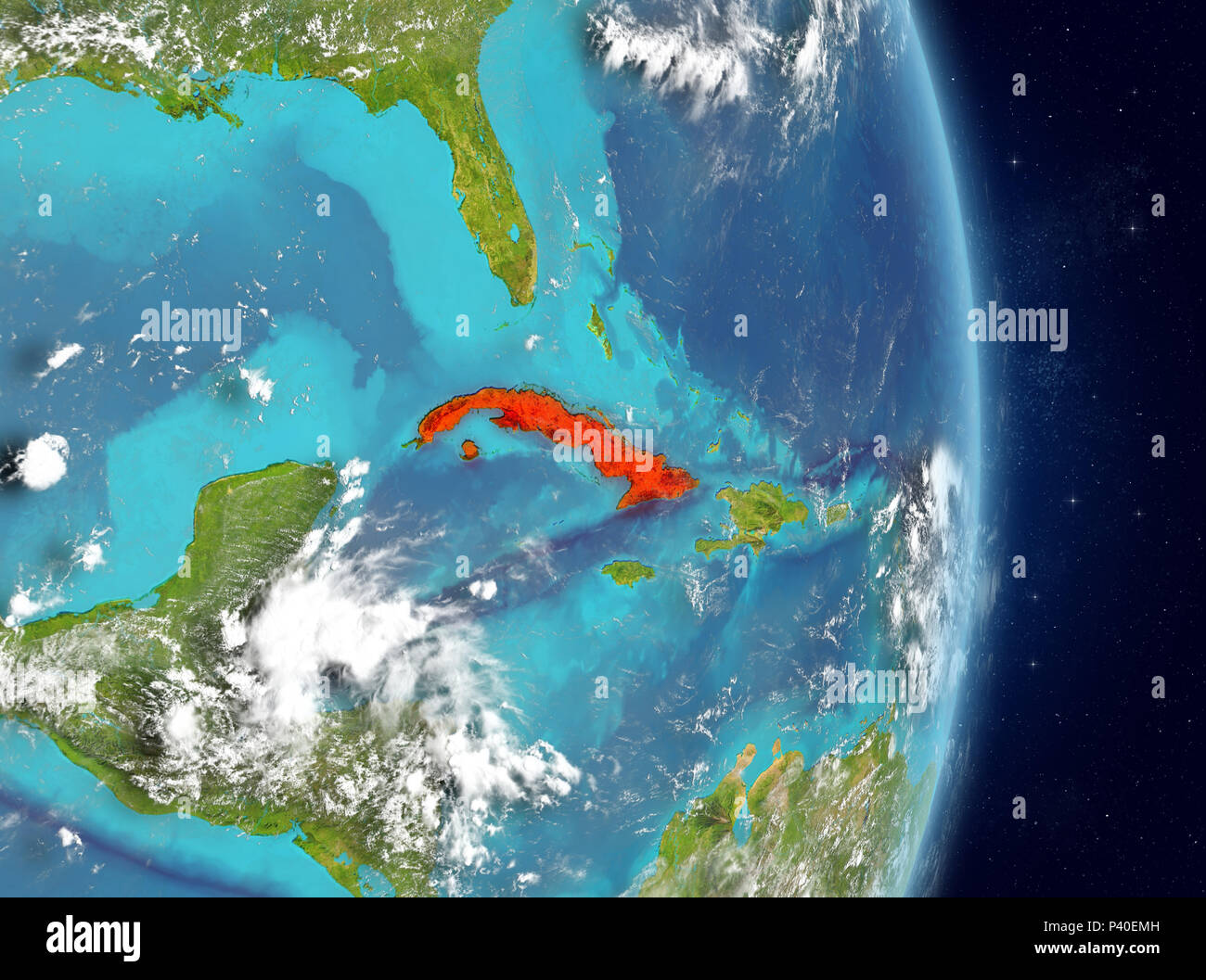 Space view of Cuba highlighted in red on planet Earth with atmosphere ...