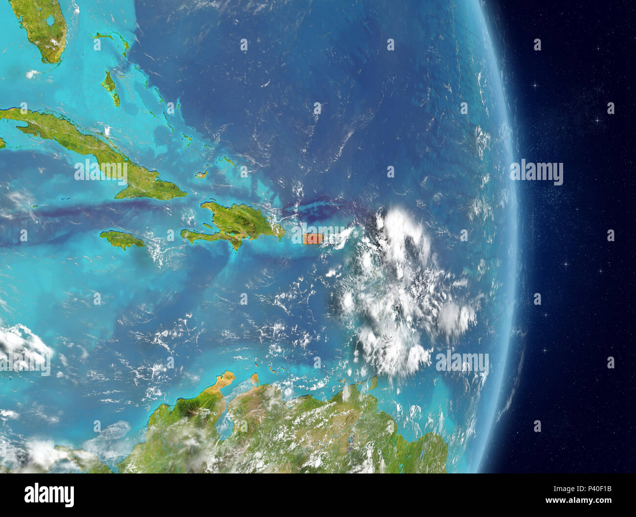 Space view of Puerto Rico highlighted in red on planet Earth with ...