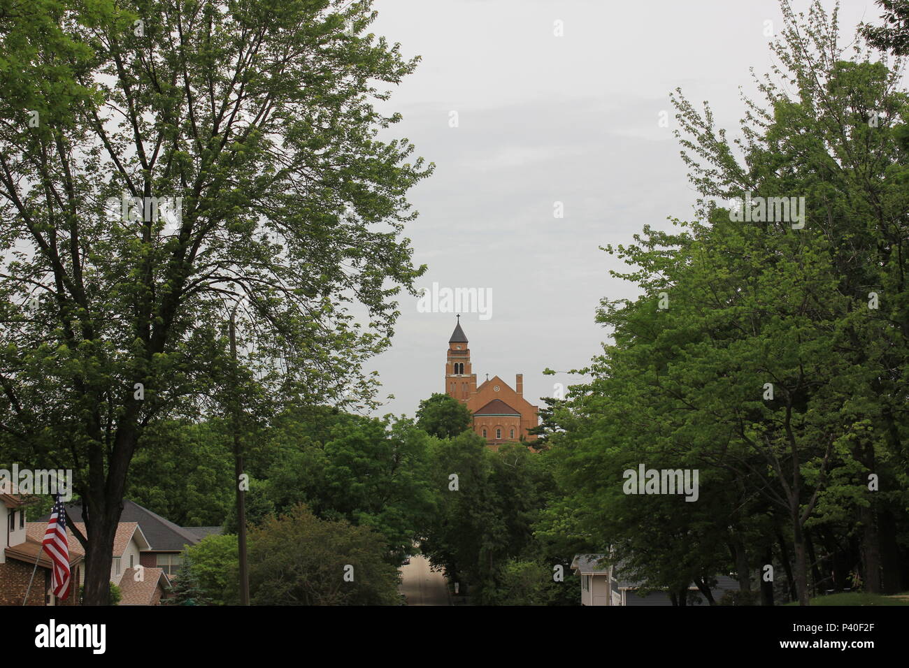 I & M Canal scenery and St Cyril church at historic Lemont, Illinois ...