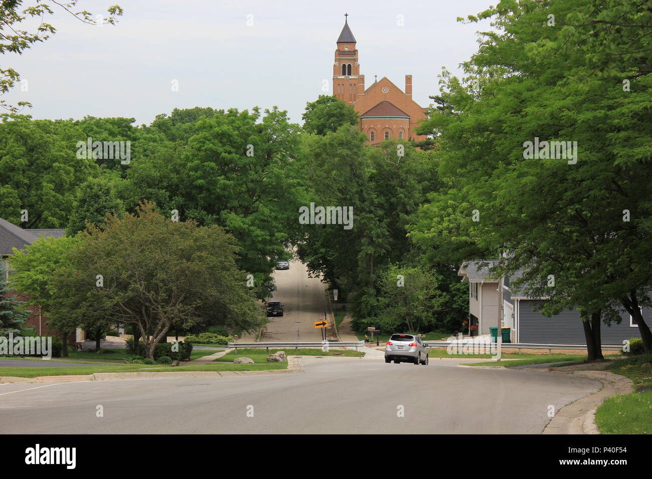 I & M Canal scenery and St Cyril church at historic Lemont, Illinois ...