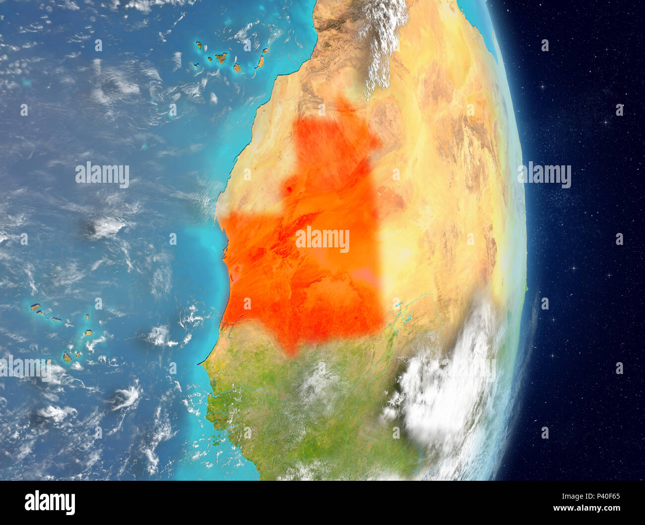 Space view of Mauritania highlighted in red on planet Earth with ...