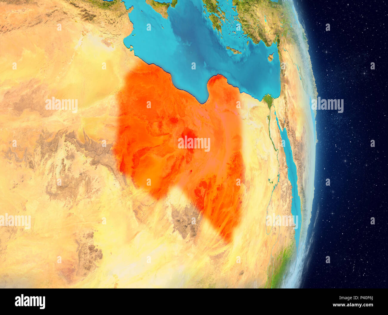 Space view of Libya highlighted in red on planet Earth with atmosphere ...
