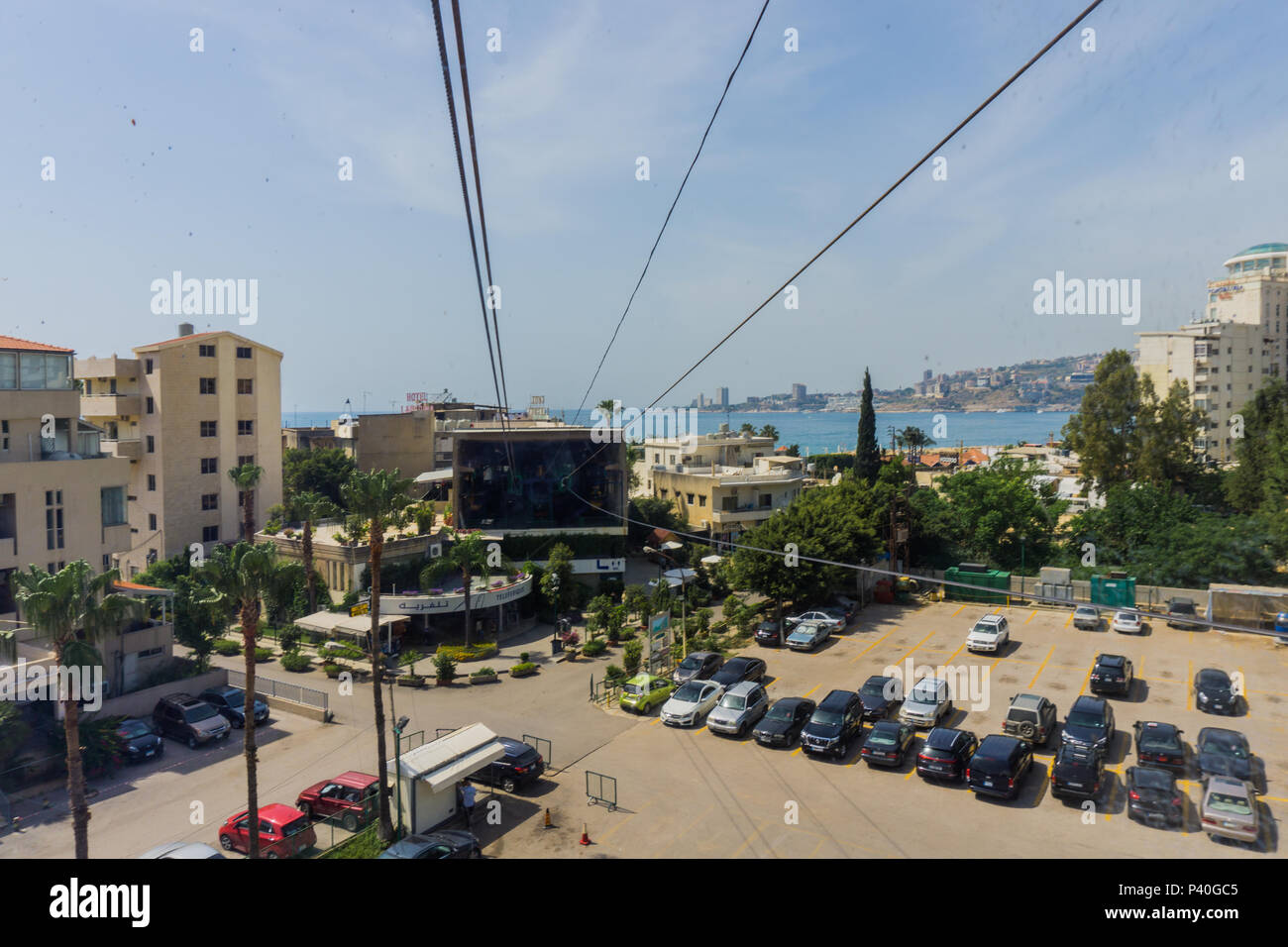 View of the funicular cables and entrance to the station in Jounieh ...