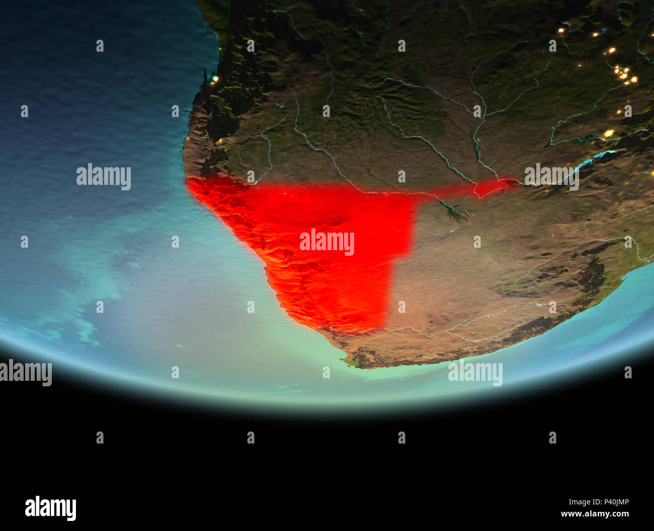 Namibia from orbit of planet Earth at night with highly detailed ...
