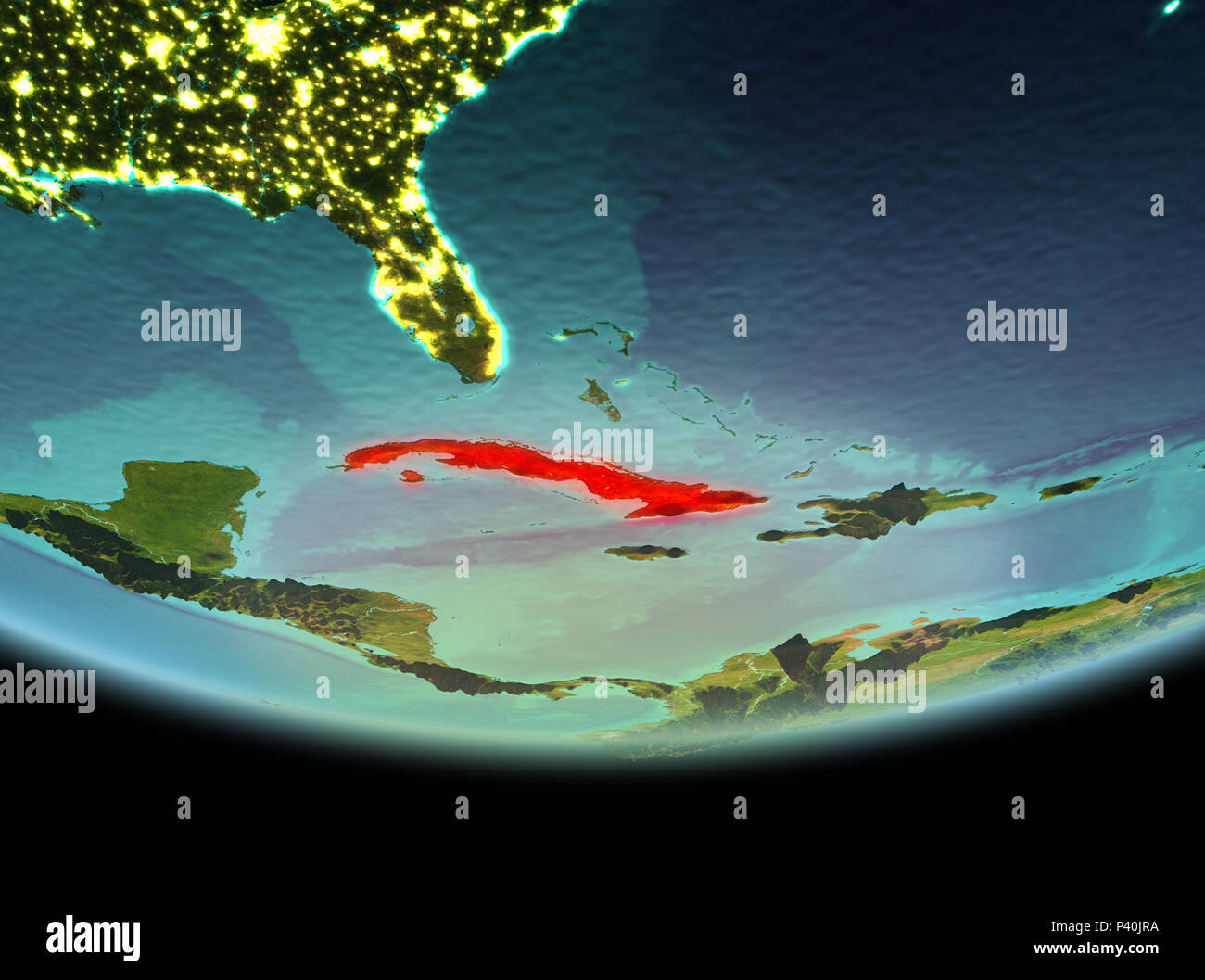 Cuba from orbit of planet Earth at night with highly detailed surface ...