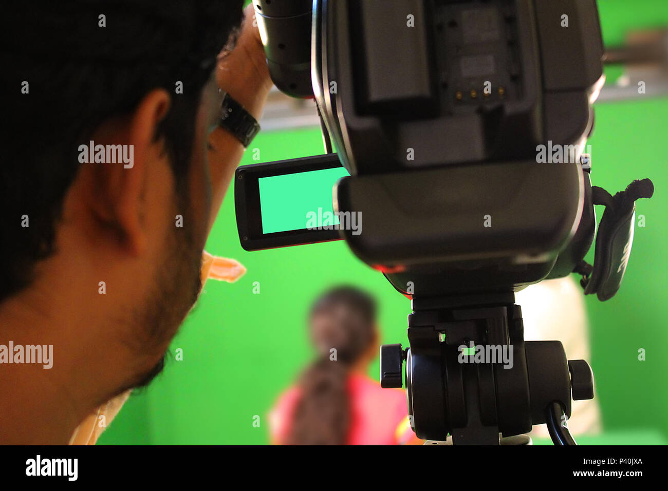 Camera at media conference in green screen, Behind the scene. Actor in ...