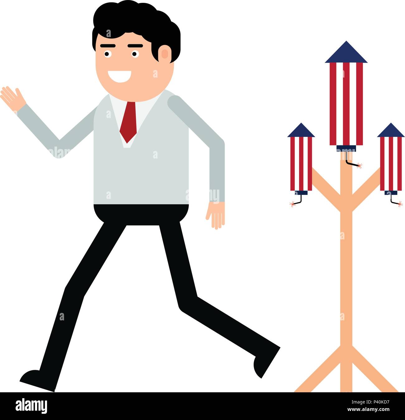 Businessman launching firework rocket isolated on white background ...