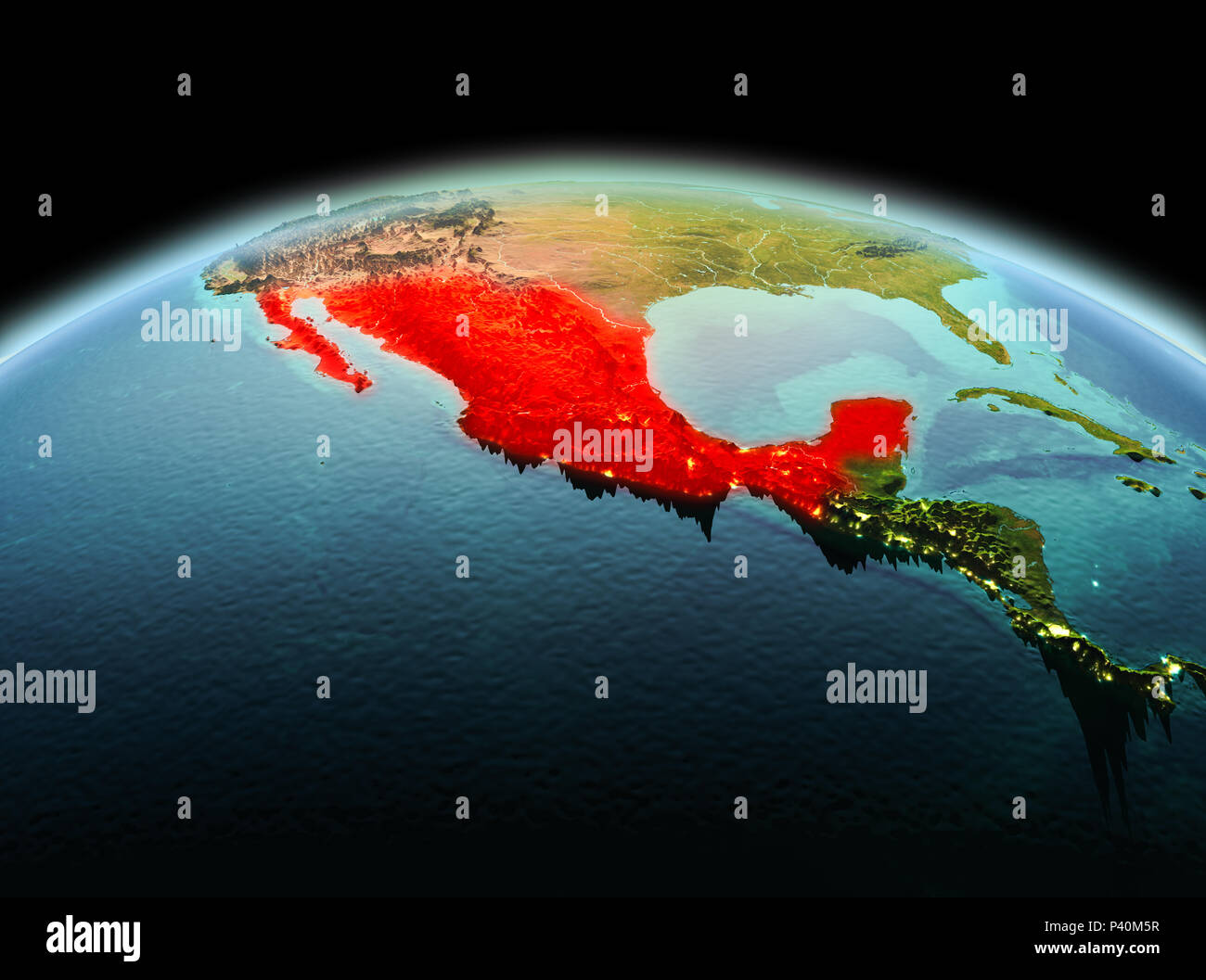 Morning above Mexico highlighted in red on model of planet Earth in ...