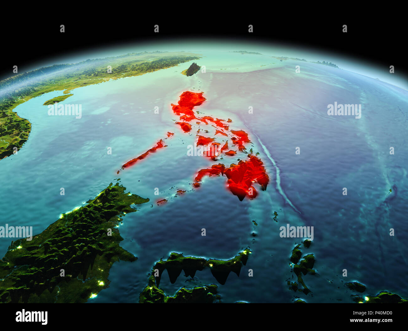 Morning above Philippines highlighted in red on model of planet Earth ...