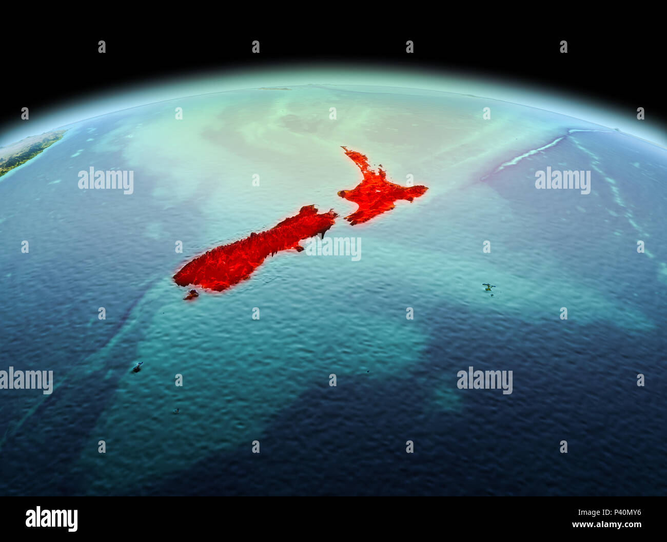 Morning above New Zealand highlighted in red on model of planet Earth ...