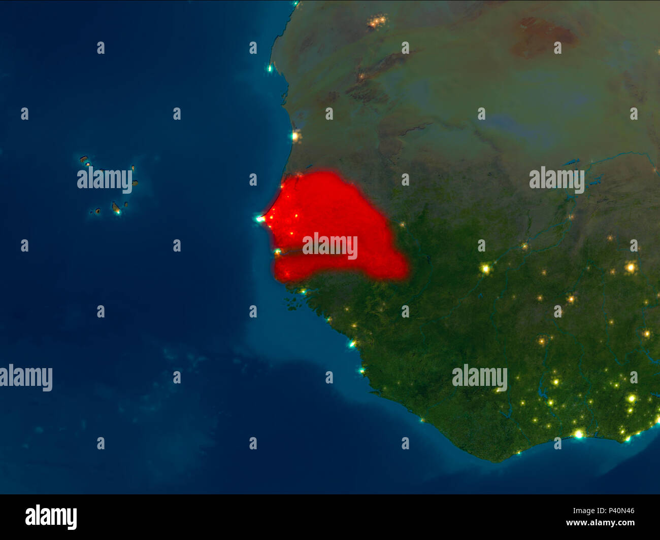 Satellite night view of Senegal highlighted in red on planet Earth. 3D ...