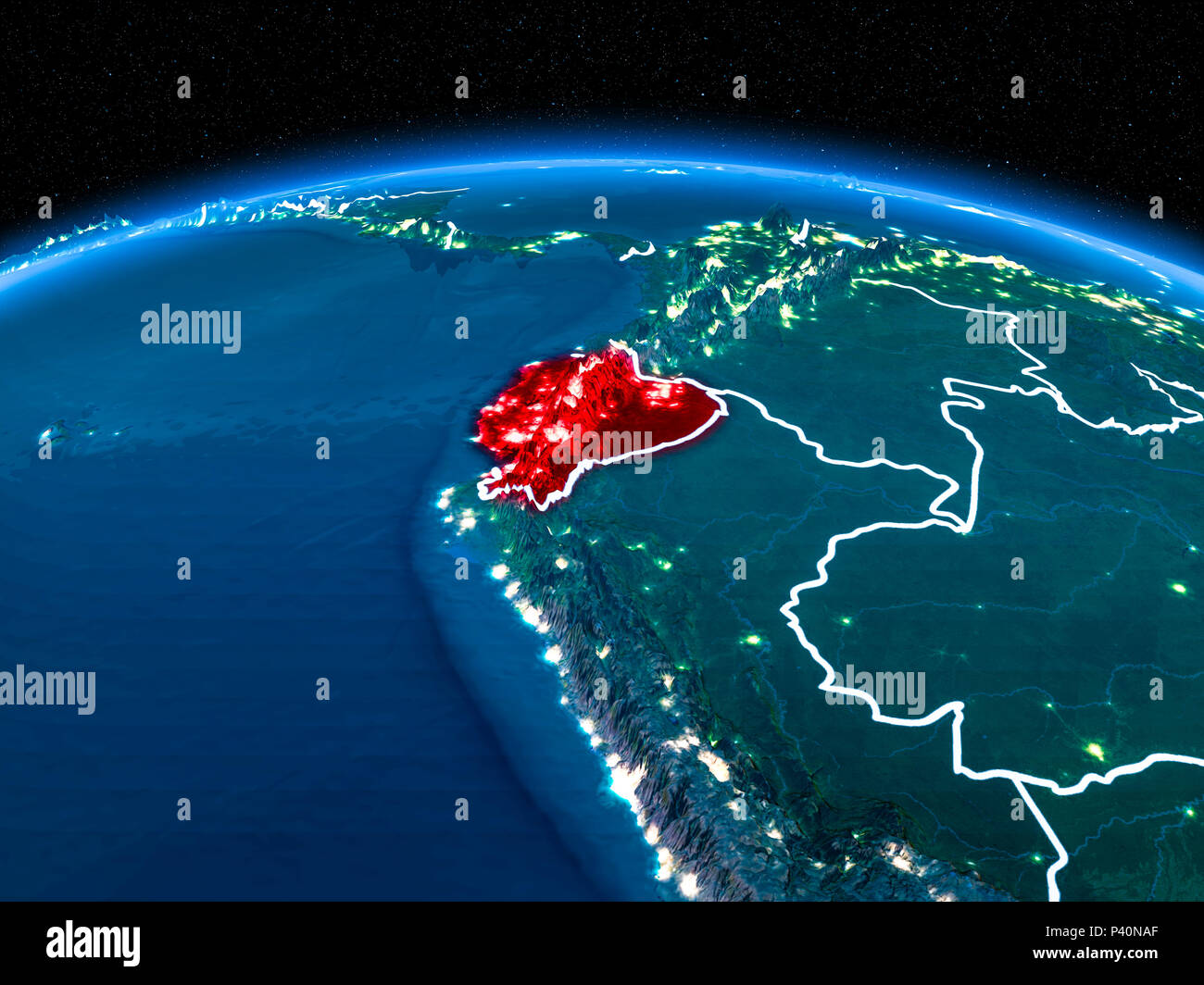 Orbit view of Ecuador highlighted in red with visible borderlines and city lights on planet ...