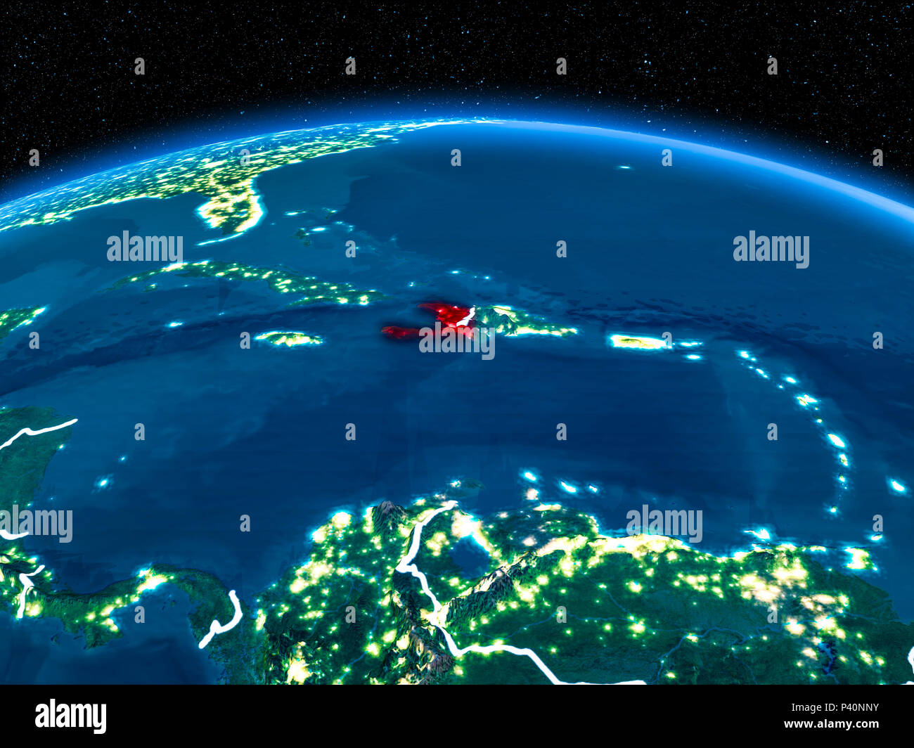 Orbit view of Haiti highlighted in red with visible borderlines and city lights on planet Earth ...