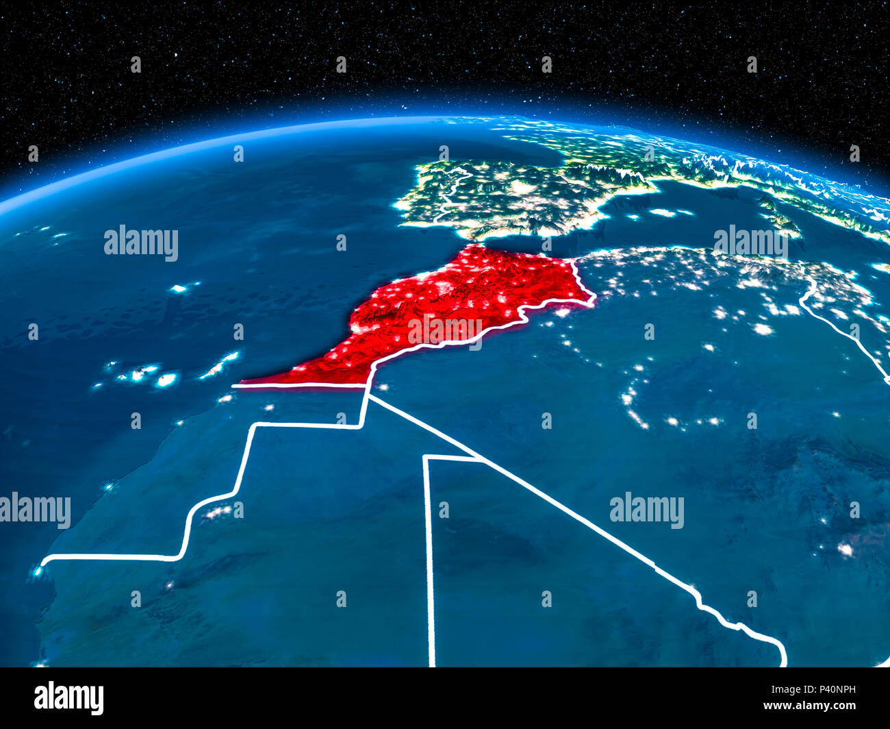 Orbit view of Morocco highlighted in red with visible borderlines and city lights on planet ...
