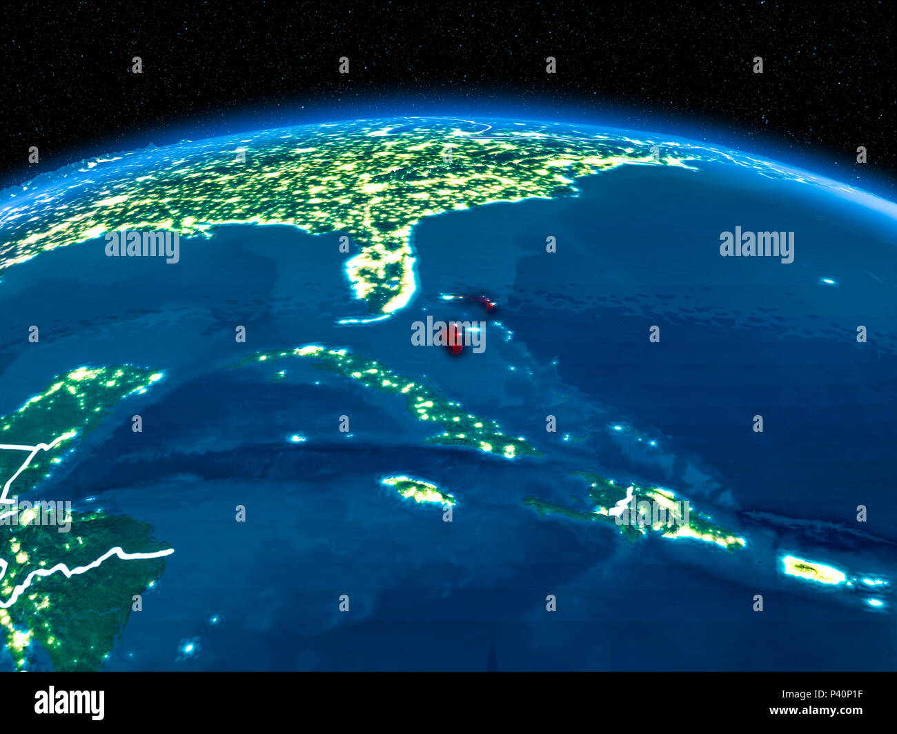 Orbit view of Bahamas highlighted in red with visible borderlines and ...